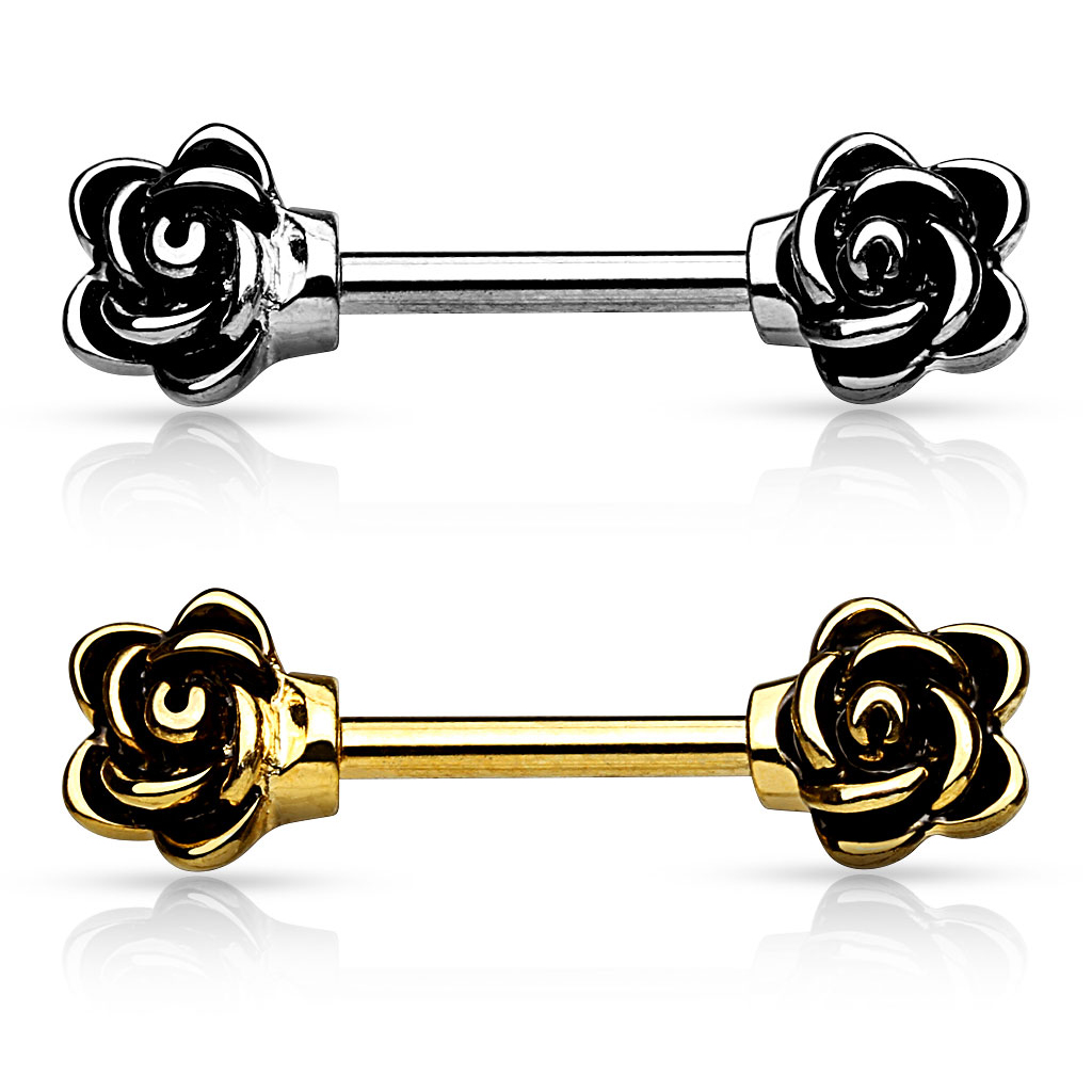 Piercing al capezzolo, raffinato e femminile con rose in due colori